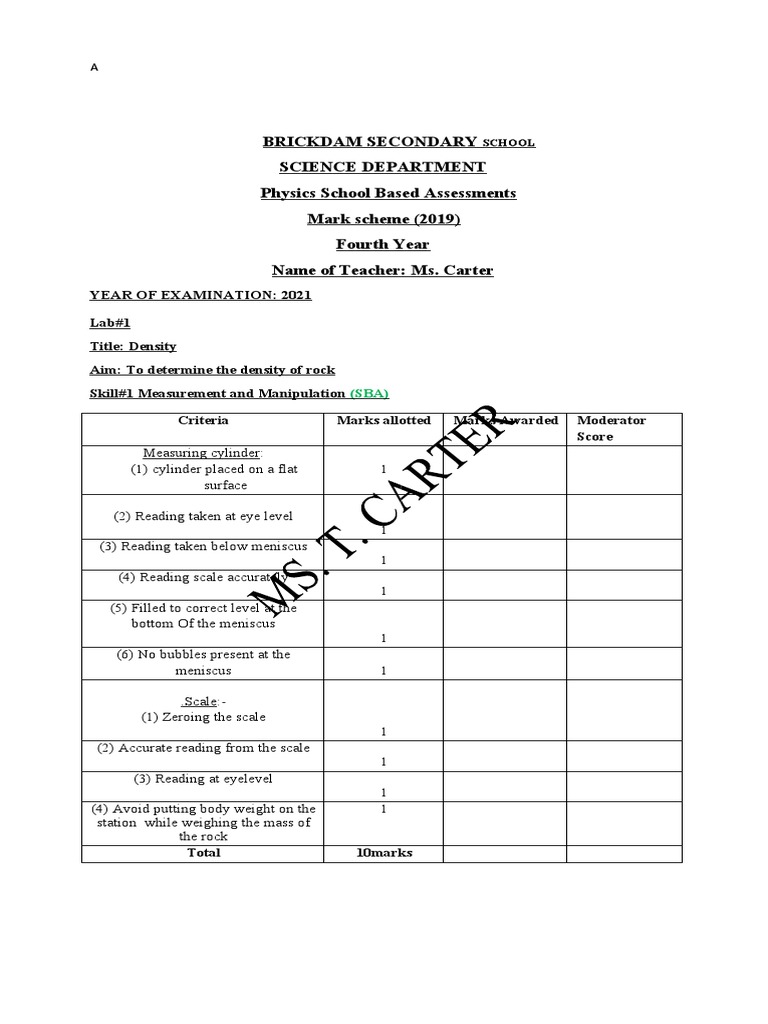 Physics SBA Mark Scheme 2021 | PDF | Density | Weight
