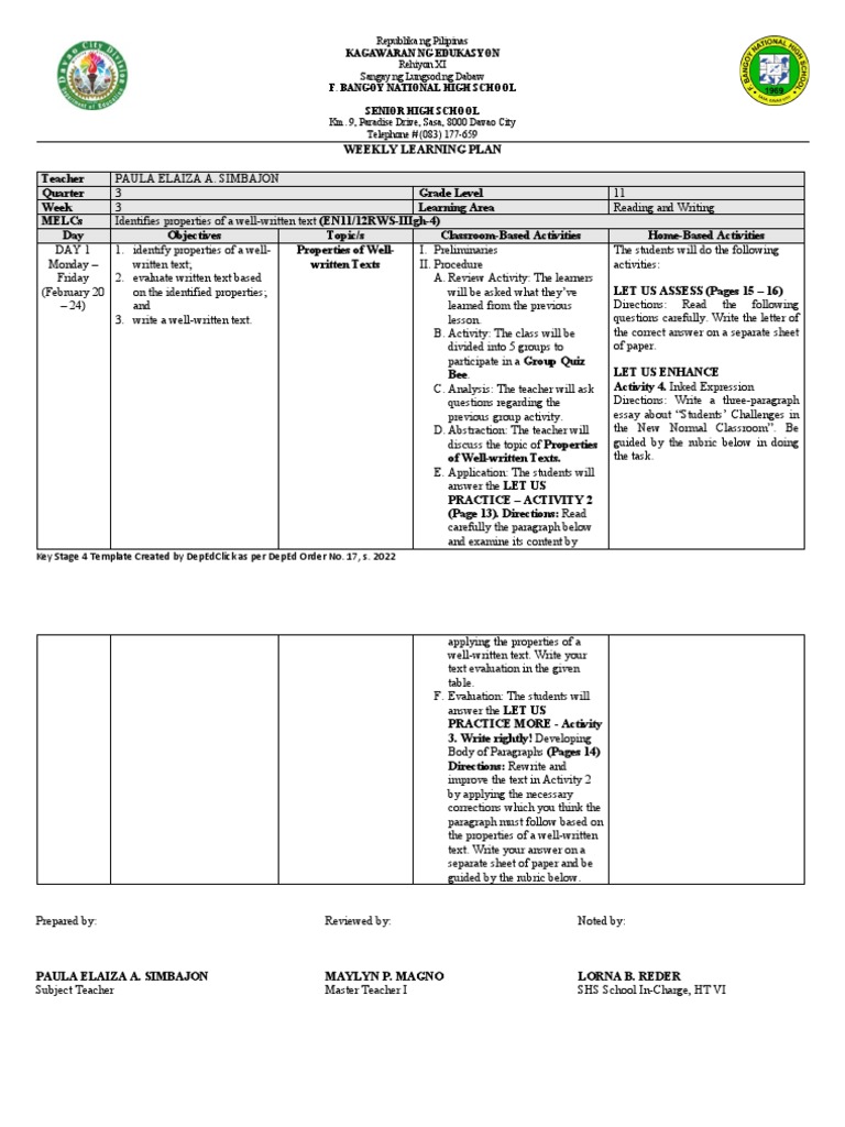 WLP - Q3 Week 3 READING AND WRITING | PDF | Teachers | Cognitive Science