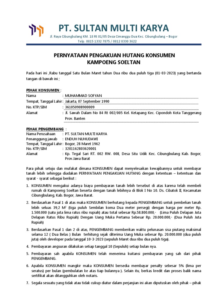 Pengakuan Hutang Konsumen Muhammad Sofyan I10 | PDF