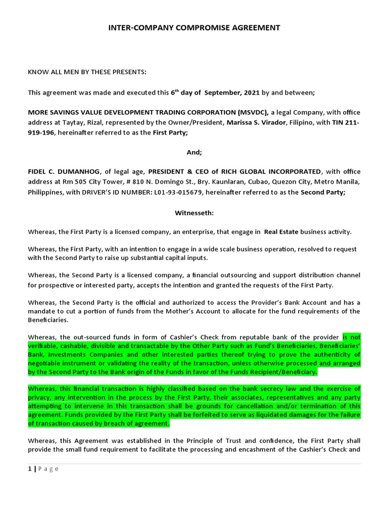Inter-Company Compromise Agreement | PDF | Non Disclosure Agreement | Banks