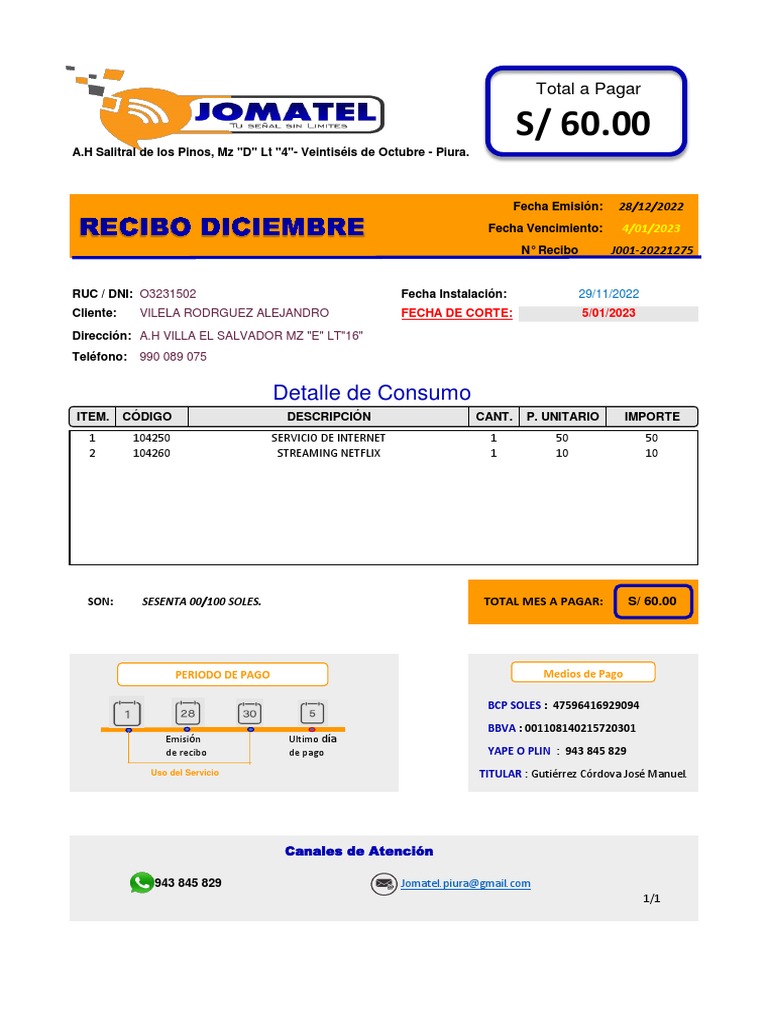 Recibo de Internet Diciembre 2022 Piura | PDF