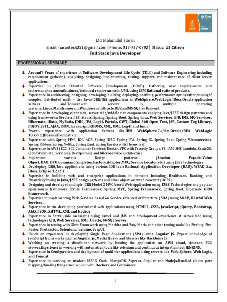 Full Stack Java Developer | PDF | Spring Framework | Angular Js