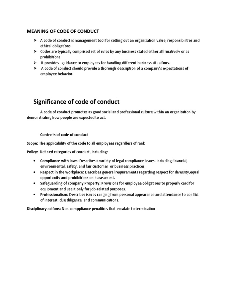 Meaning of Code of Conduct | PDF