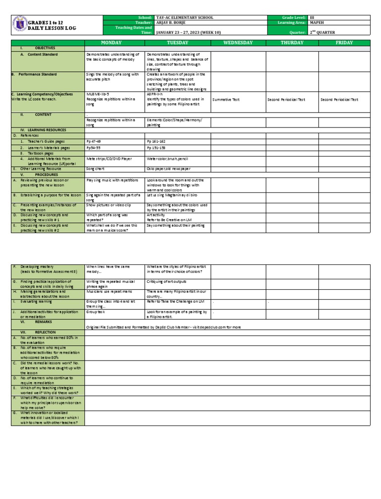 DLL - Mapeh 3 - Q2 - W10 | Download Free PDF | Learning | Behavior Modification