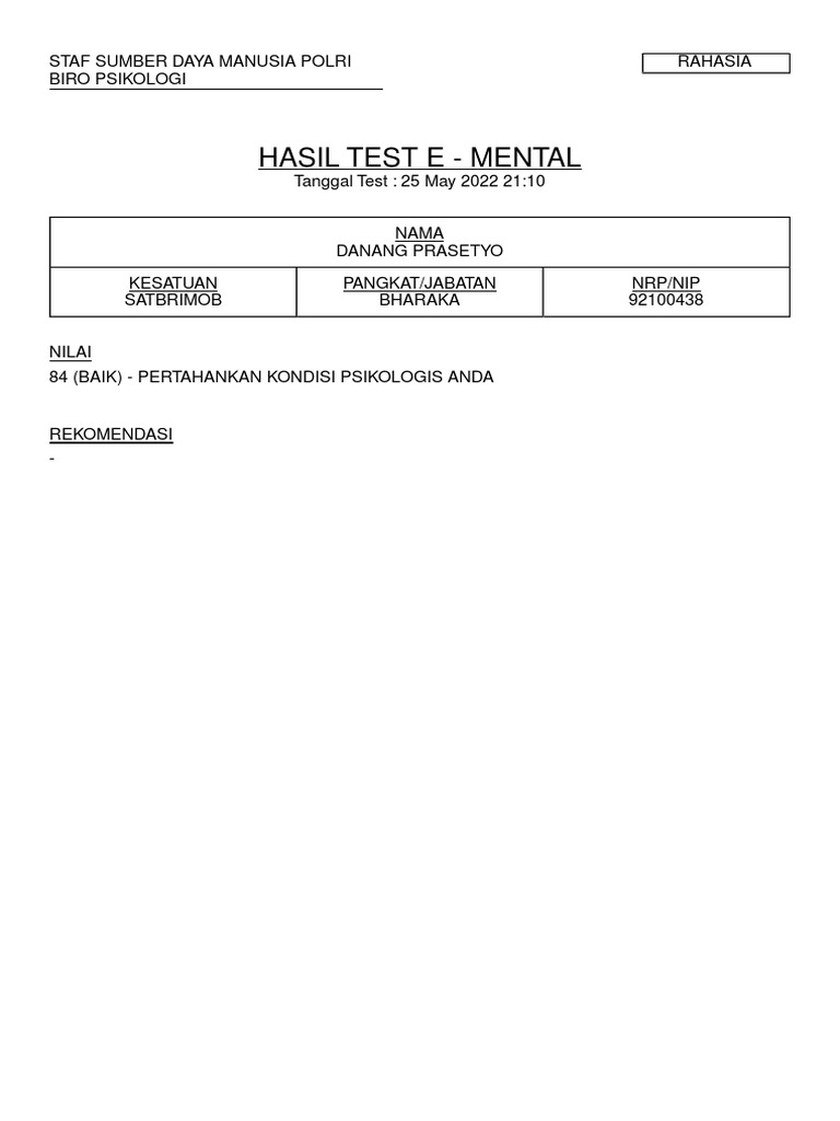Hasil Test E - Mental: Staf Sumber Daya Manusia Polri Biro Psikologi ...