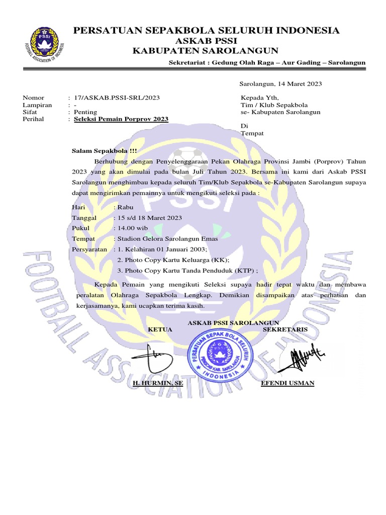 Surat Pemberitahuan Seleksi Porprov 2023 | PDF