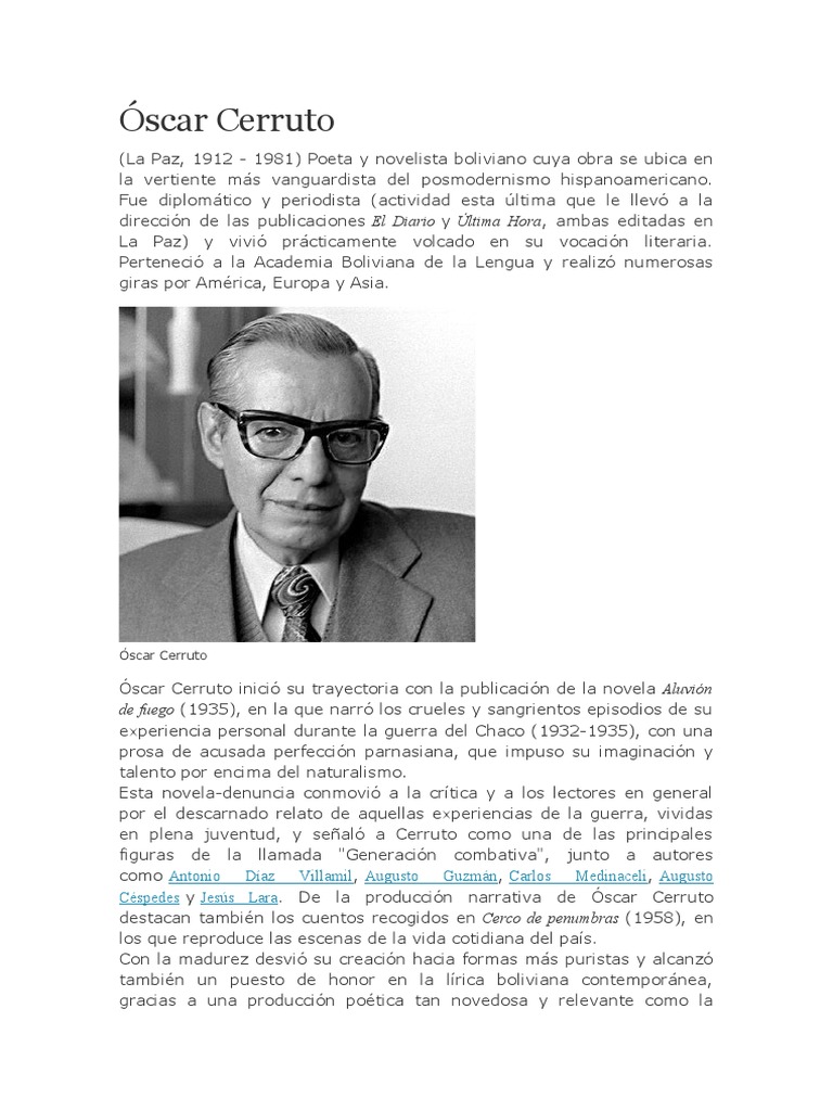Óscar Cerruto: Un destacado poeta y novelista boliviano de vanguardia | PDF