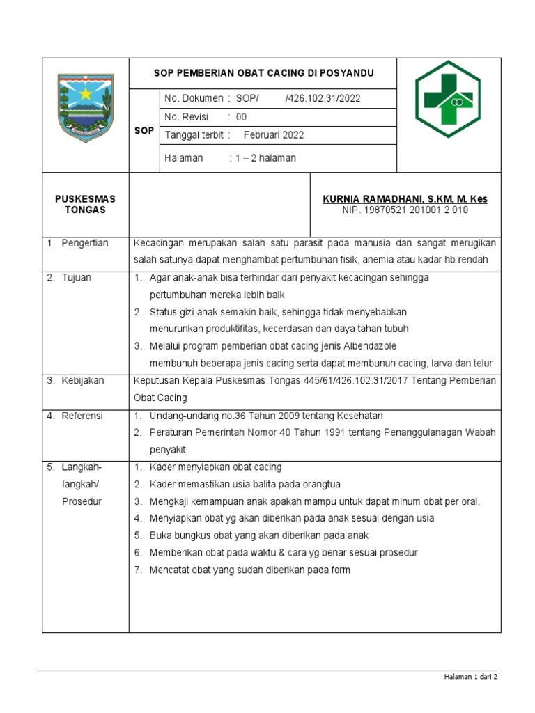 Sop Pemberian Obat Cacing Di Posyandu 2022 | PDF