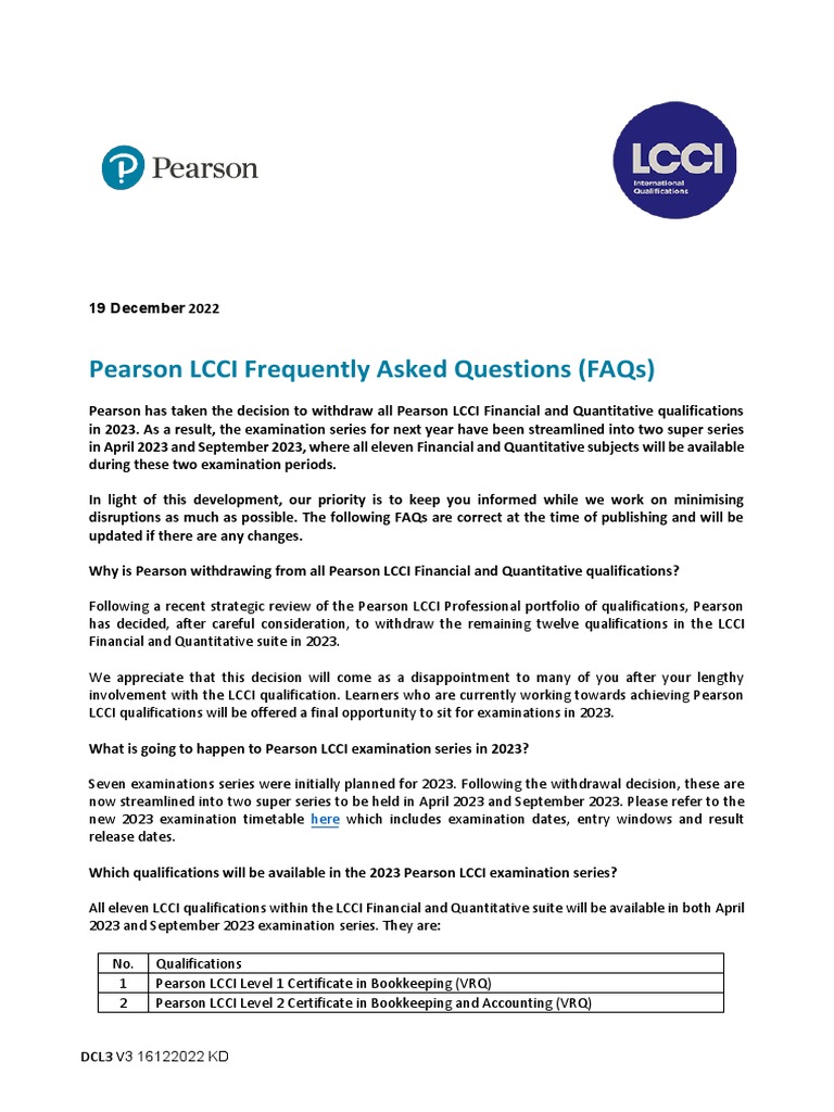 Pearson Announces Withdrawal of LCCI Financial and Quantitative ...