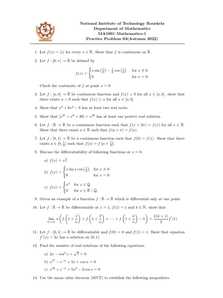 03 MA1001 Practice Problem | PDF | Maxima And Minima | Applied Mathematics