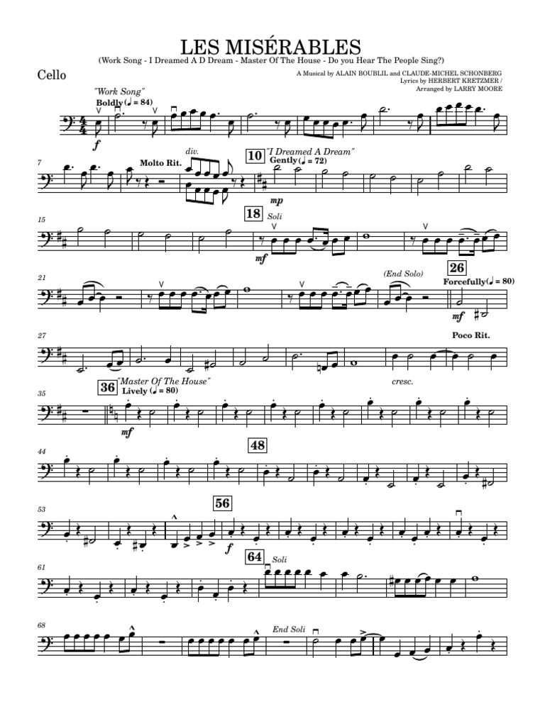 A Musical Score for Les Misérables featuring Cello Arrangements of ...