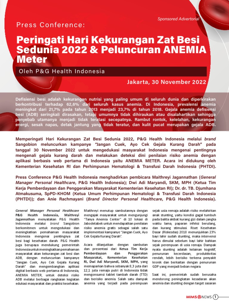 Press Conference Peringati Hari Kekurangan Zat Besi Sedunia 2022 Peluncuran ANEMIA Meter | PDF