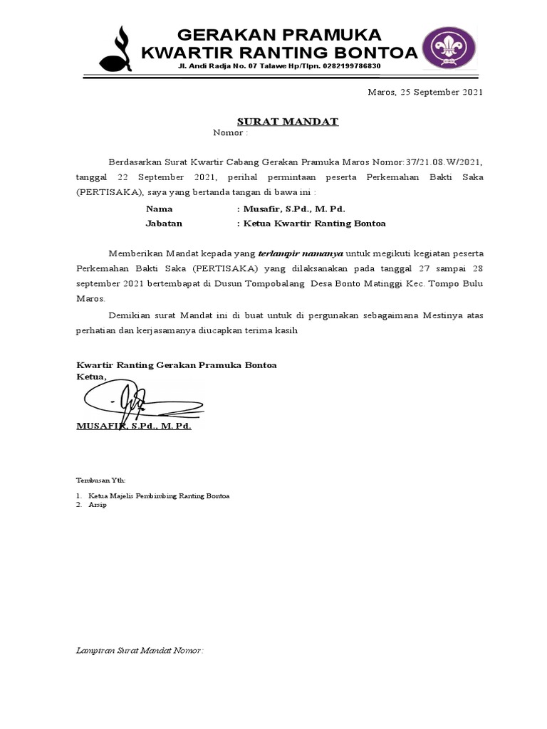 Gerakan Pramuka Kwartir Ranting Bontoa: Surat Mandat | PDF