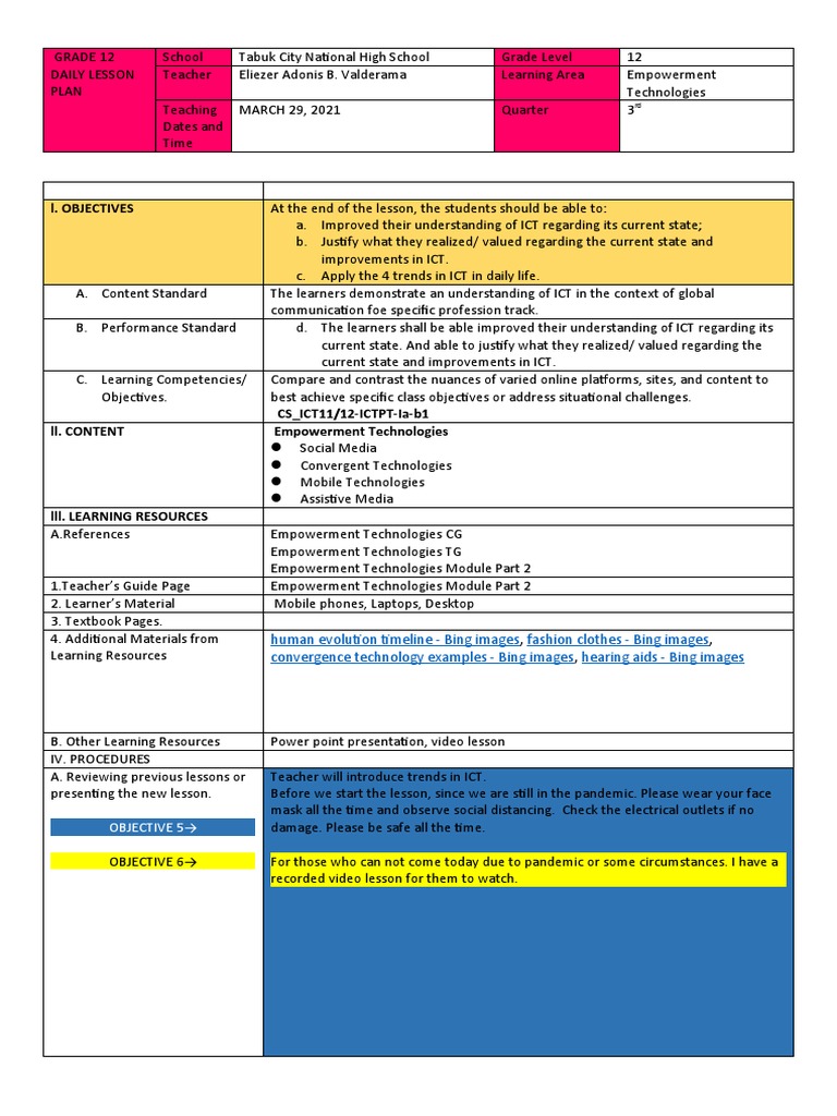 Trends in ICT: Daily Lesson Plan on Social Media, Convergent ...