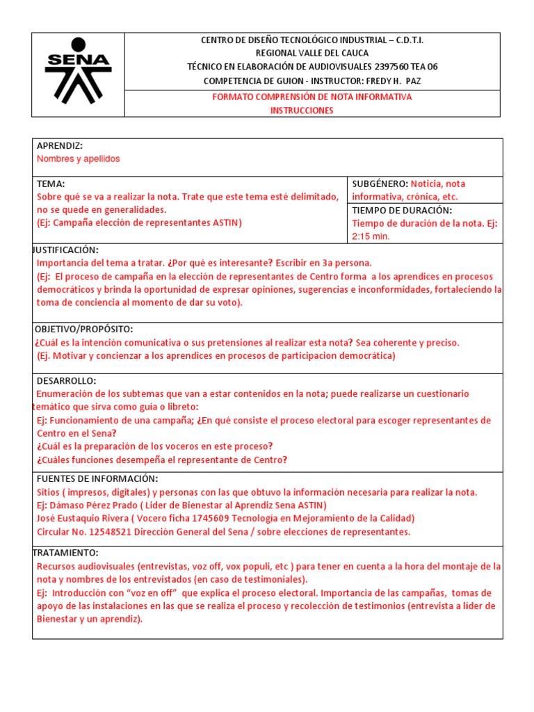 1 Formato Comprensión de Nota Informativa Instrucciones TEA | PDF
