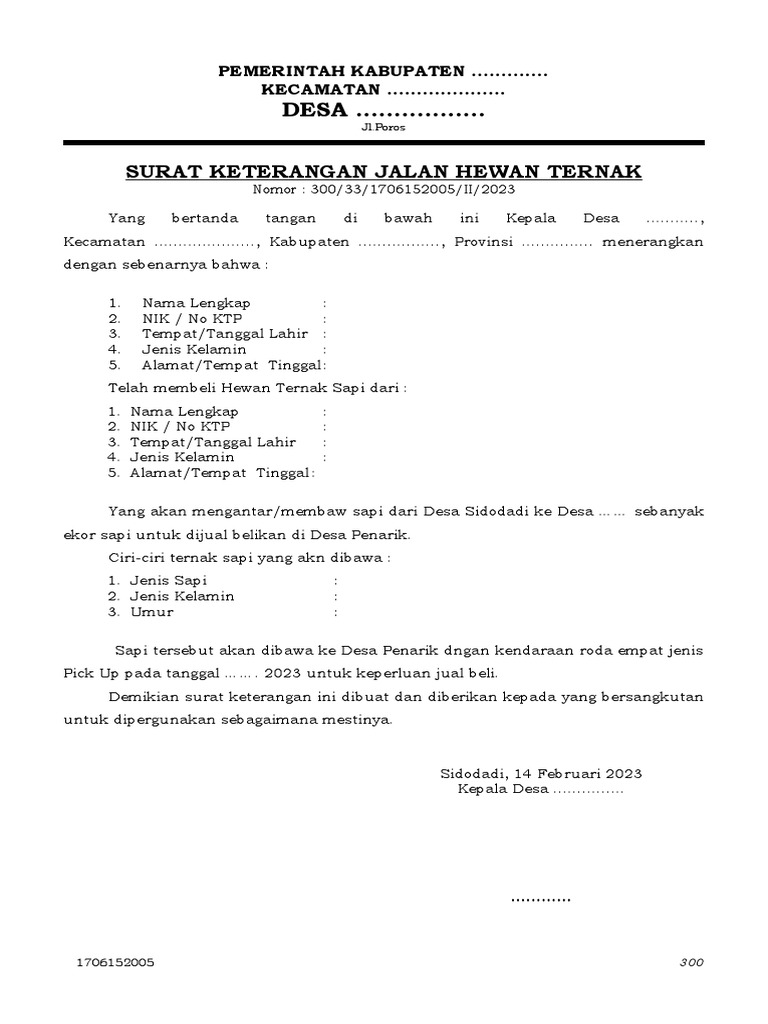 Surat Keterangan Jalan Hewan Ternak | PDF