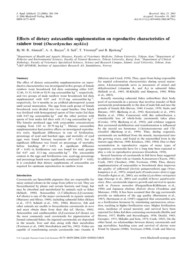 Effects of Dietary Astaxanthin Supplementation On Reproductive Characteristics of Rainbow Trout ...