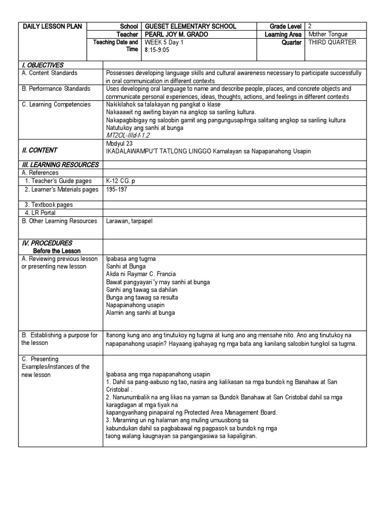 Daily Lesson Plan in MT Week 5 | PDF