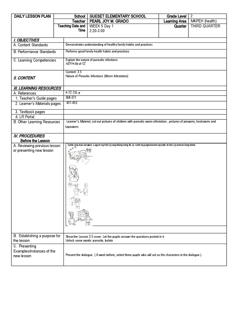 Worm Infestation Lesson Plan for Grade 2 | PDF | Lesson Plan | Learning
