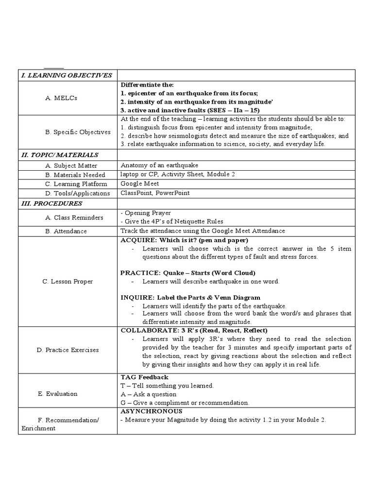 Grade 8 Science Lesson Exemplar Q2 | PDF | Earthquakes | Learning