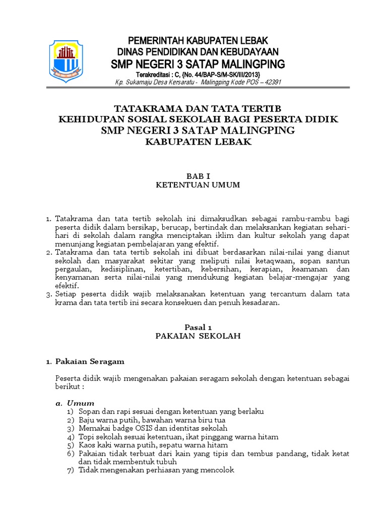 TATA KRAMA DAN TATA TERTIB SISWA SMPN 3 MLP | PDF TATA KRAMA DAN TATA TERTIB SISWA SMPN 3 MLP | PDF