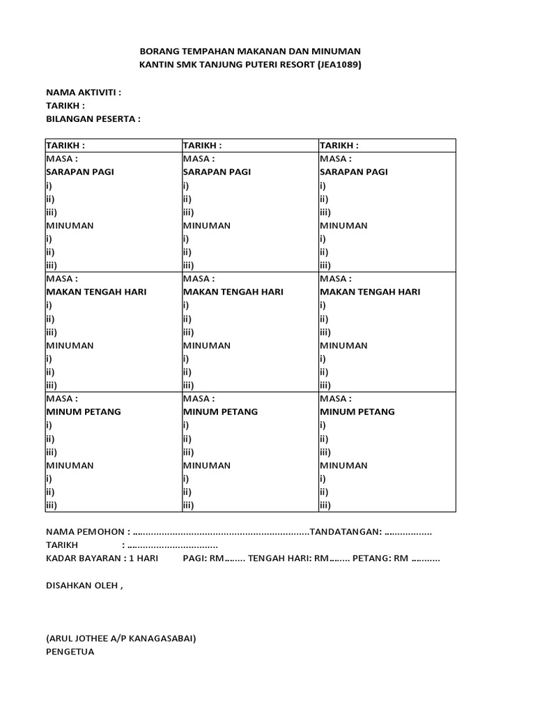 BORANG ORDER KANTIN.xlsx | PDF