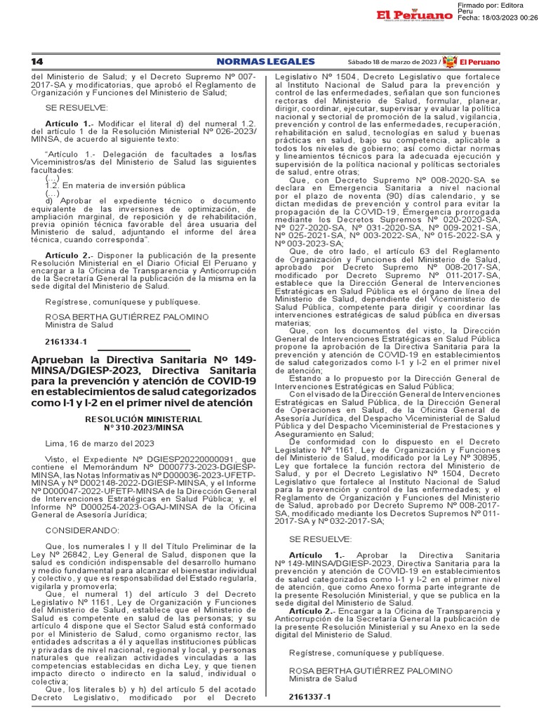 Aprueban La Directiva Sanitaria N 149 Minsadgiesp 2023 D Resolucion ... Aprueban La Directiva Sanitaria N 149 Minsadgiesp 2023 D Resolucion ...