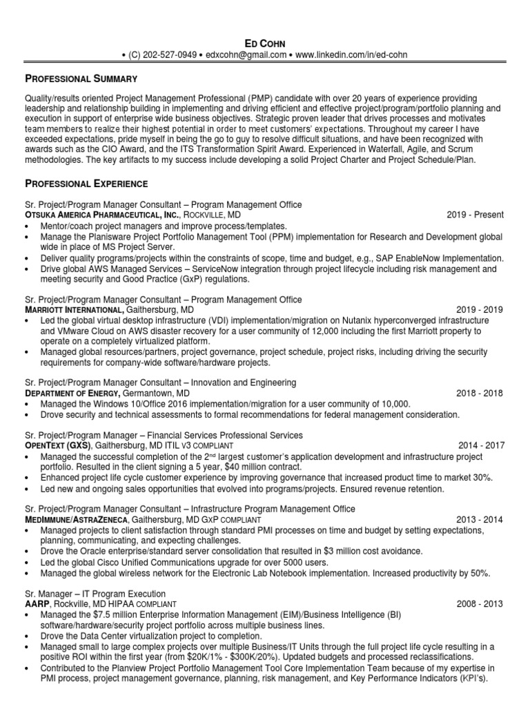 Ed Cohn: An Experienced Project Management Professional Seeking New Opportunities | PDF ...