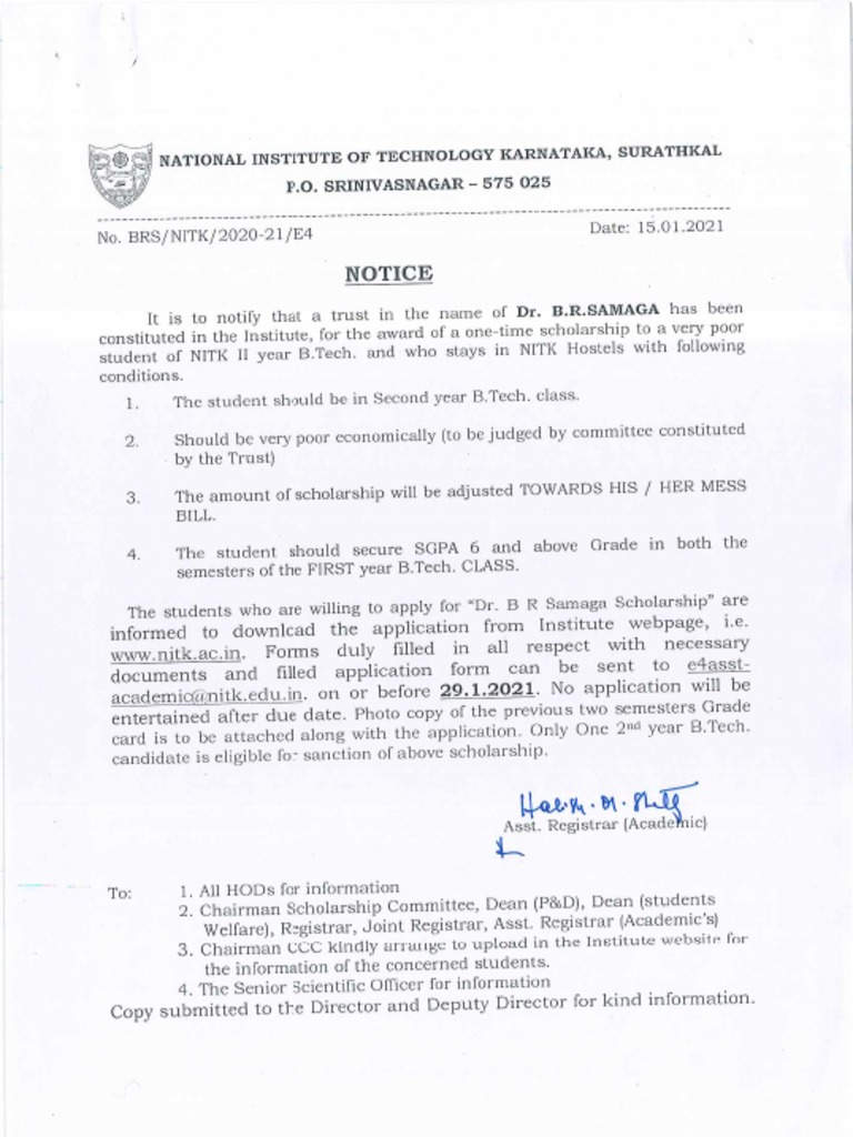 B R Samaga Scholarship For Second Year B.Tech. Students | PDF