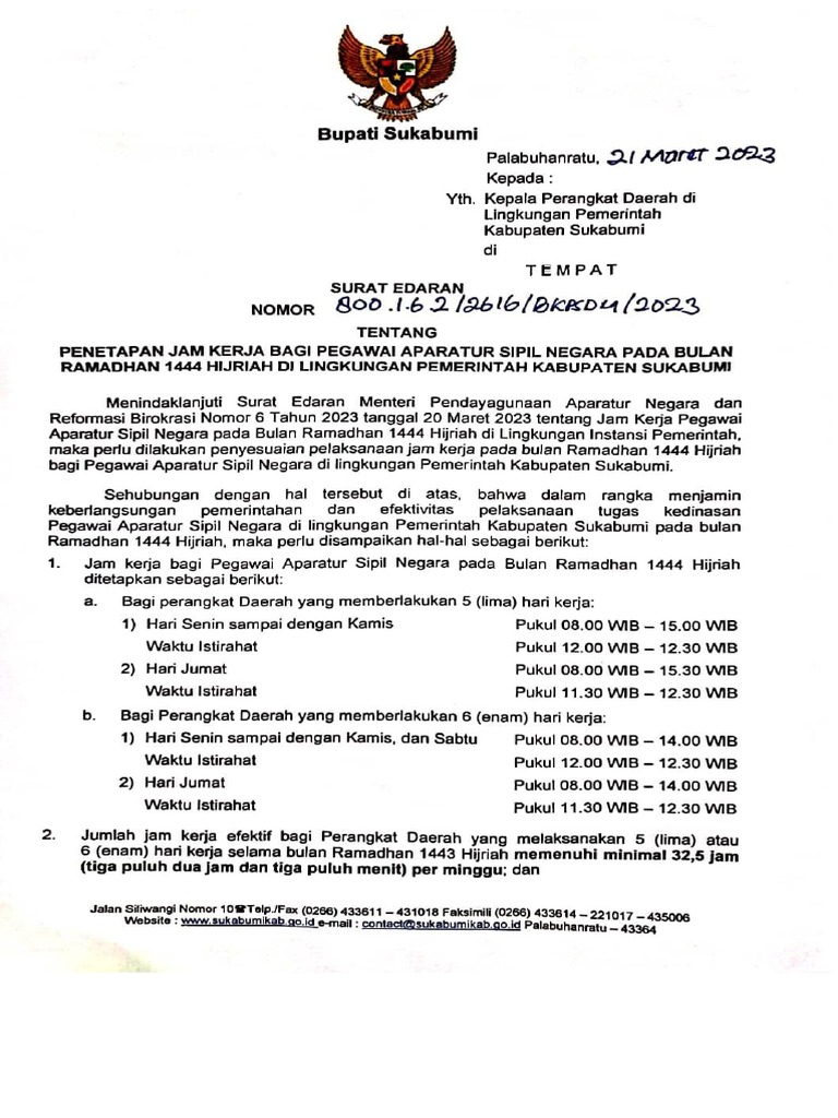 D. 324. BUPATI SUKABUMI. SURAT EDARAN BUPATI SUKABUMI. TENTANG PENETAPAN JAM KERJA ASN PADA ...