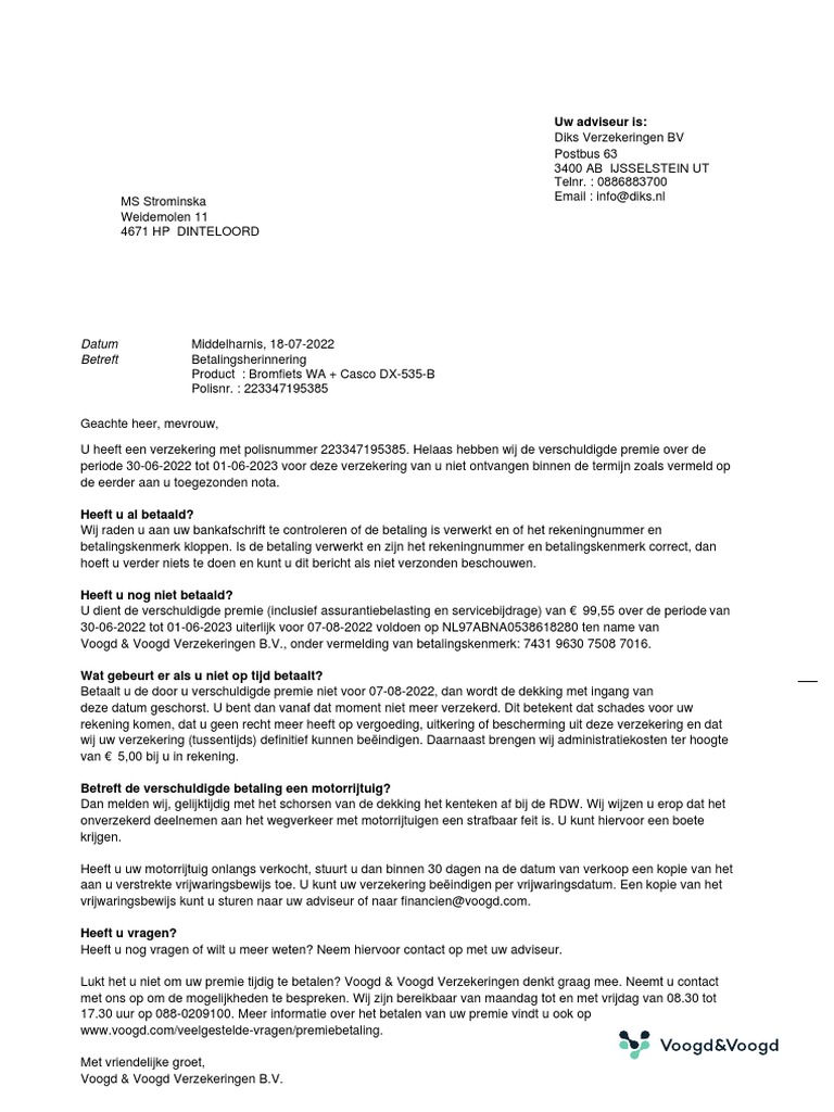 Herinnering Premie Betaling PDF | PDF