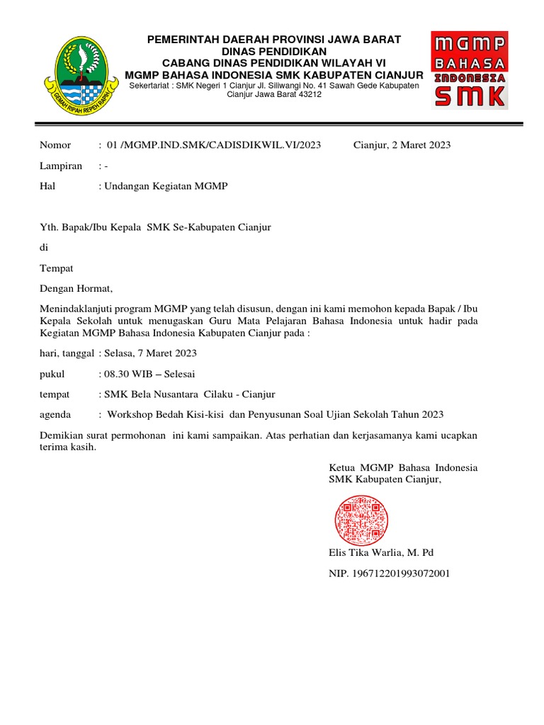 Surat Undangan MGMP 2023 | PDF