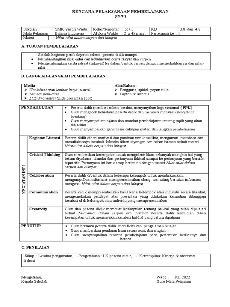Rencana Pelaksanaan Pembelajaran (RPP) : Worksheet Atau Lembar Kerja ...