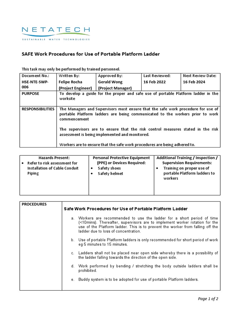SWP 06 - Use of Portable Platform Ladder | PDF | Personal Protective ...