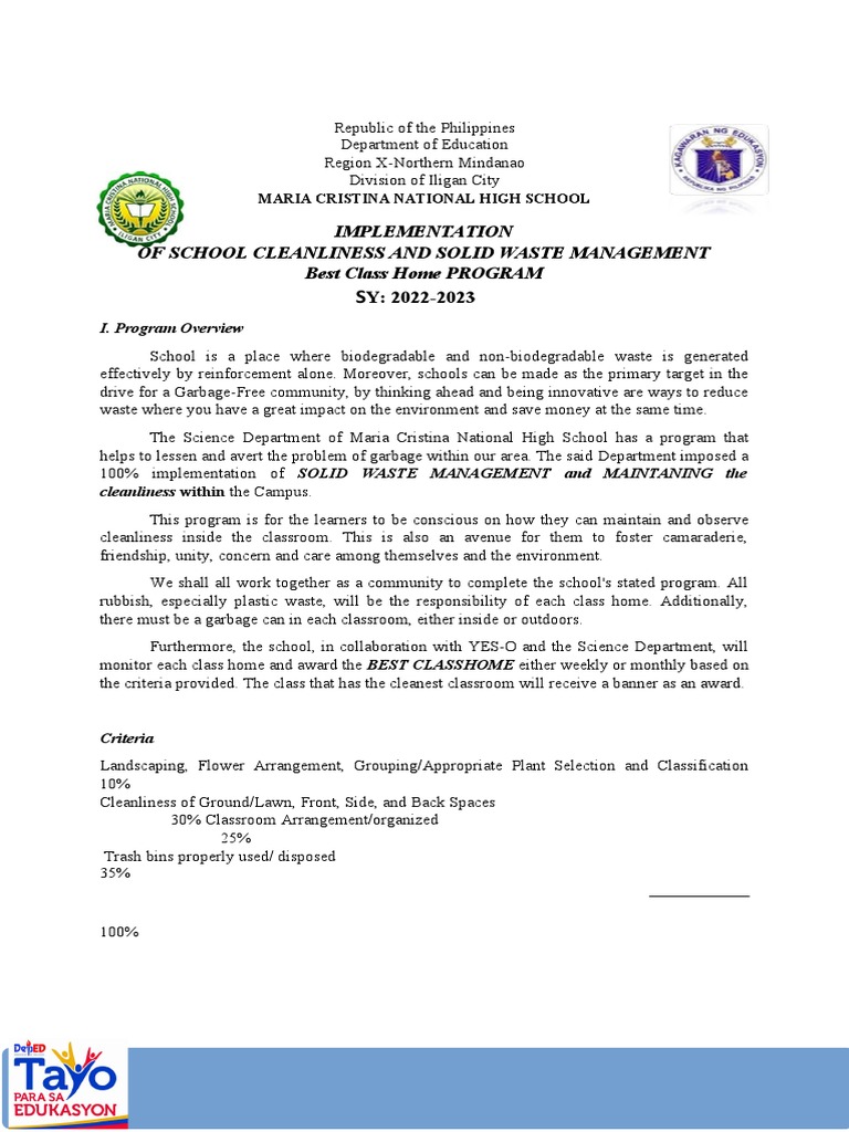 MCNHS Cleanliness & Waste Management Program | PDF | Waste | Waste ...