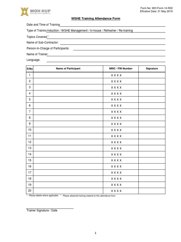 SIC - Form No WH-Form-14-R00 - WSHE Training Attendance Form | PDF