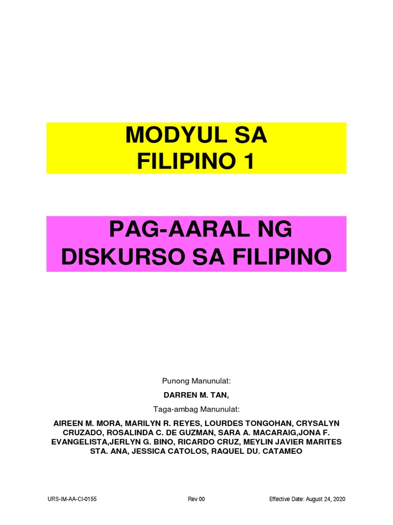 FILIPINO 1 MODYUL Pag Aaral NG Diskurso Sa Filipino PDF | PDF
