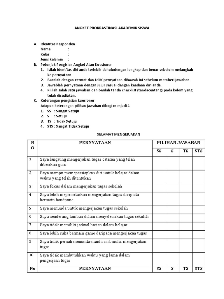 Angket Prokrastinasi Akademik Siswa | PDF | Karier & Perkembangan ...
