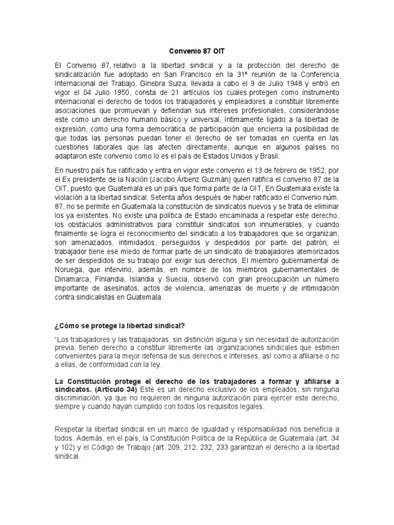 Convenio 87 OIT INTRODUCCION | PDF | Sindicato | Organización Internacional del Trabajo