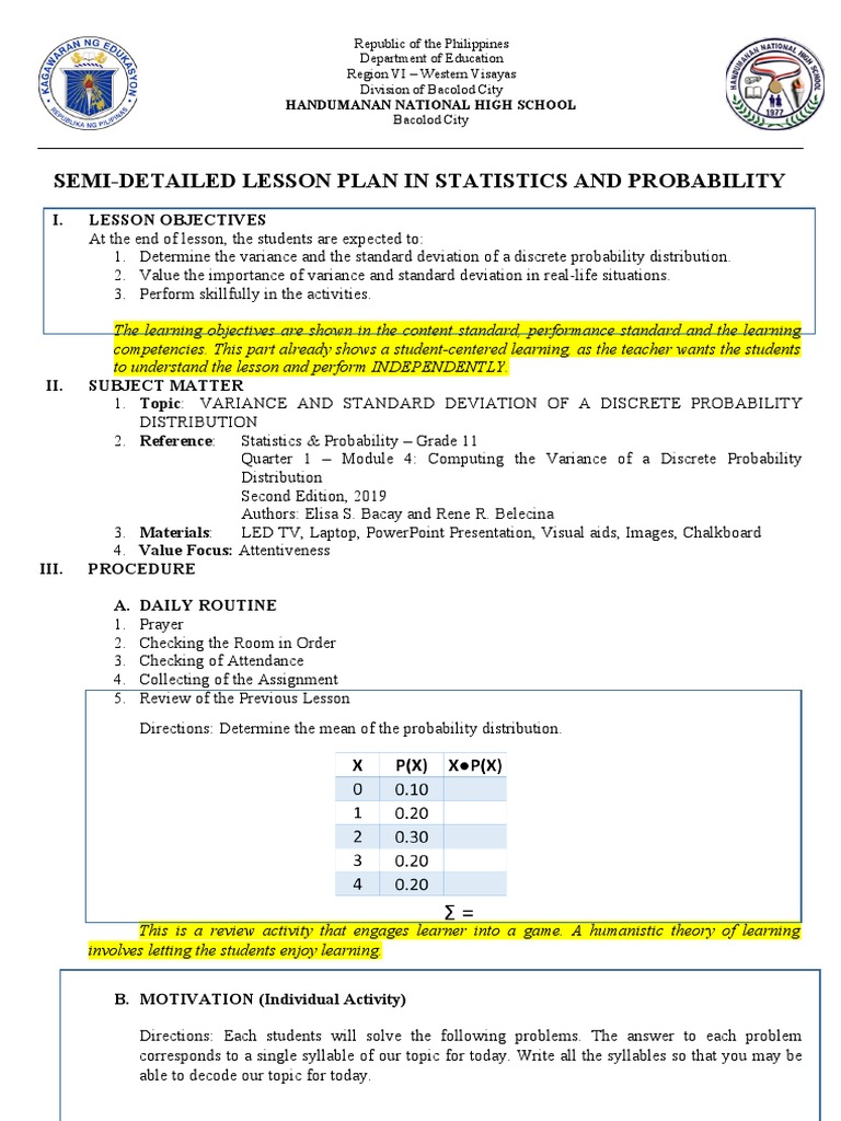 Lesson Plan Statistics 3 With Annotation Pdf Variance Standard Deviation