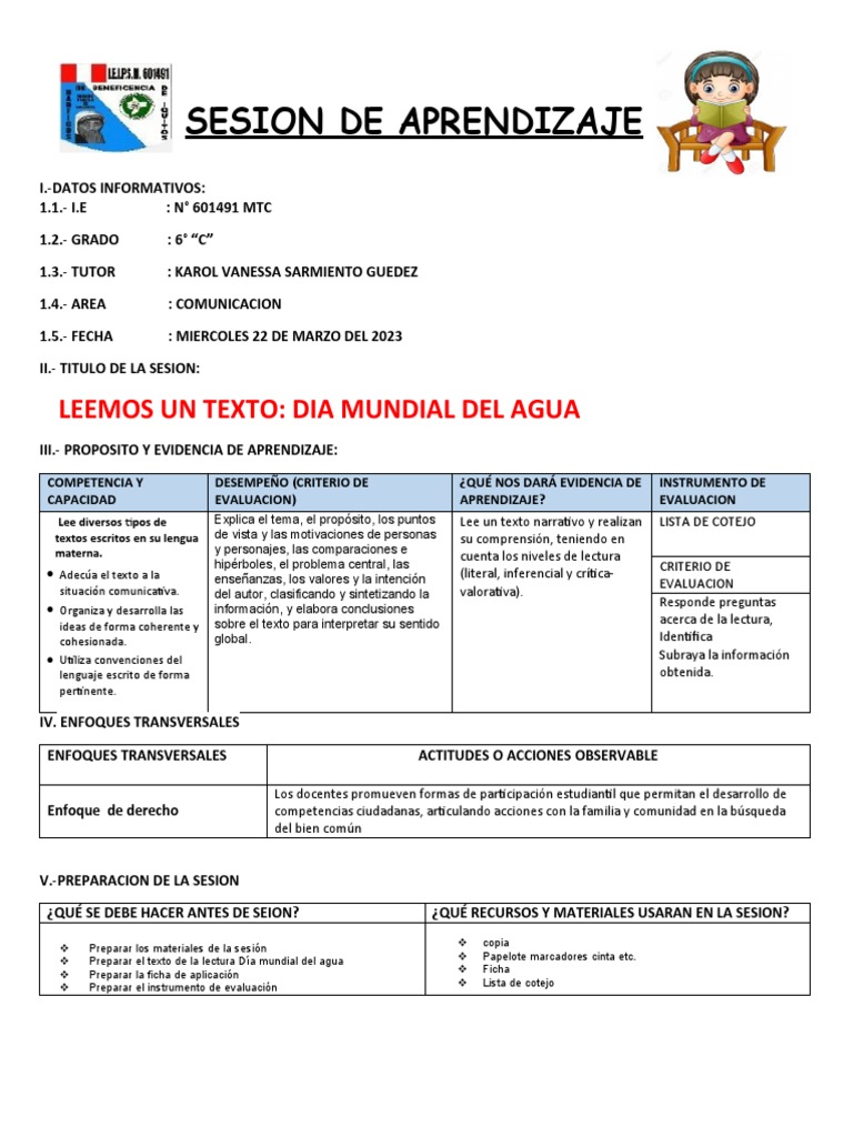 Comprensión Lectora: Día Mundial del Agua | PDF | Evaluación | Aprendizaje