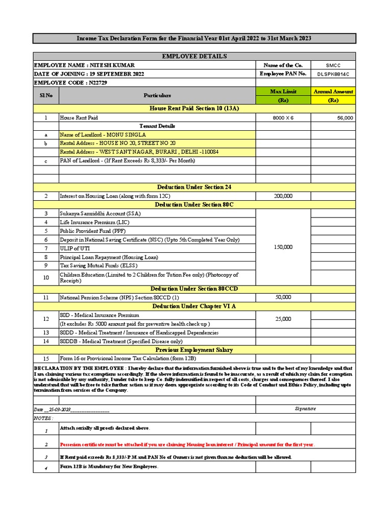 Income Tax Declaration Form 2022-23 | PDF | Public Finance | Financial ...