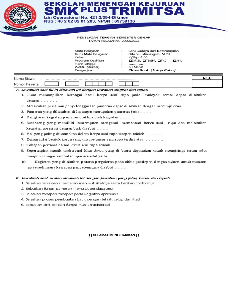 Soal SBK Kelas X | PDF | Seni | Griya & Taman