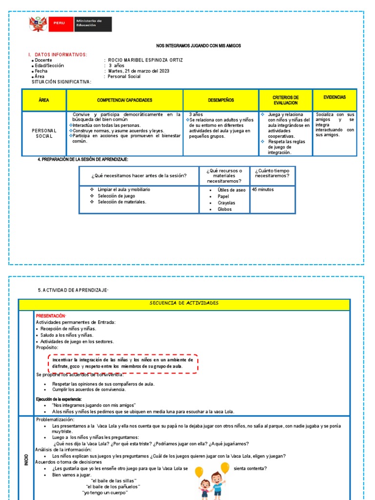 Sesion 2 Nos Integramos Jugando Con Mis Amigos | PDF | Salón de clases | Cognición
