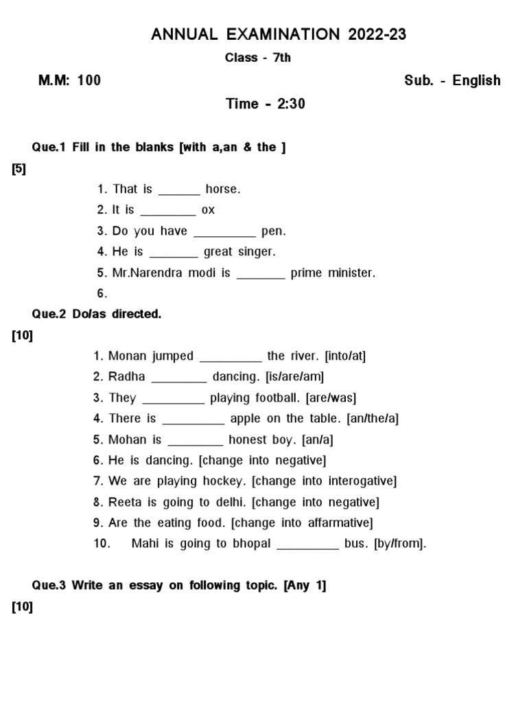 Annual Examination 7th Eng | PDF
