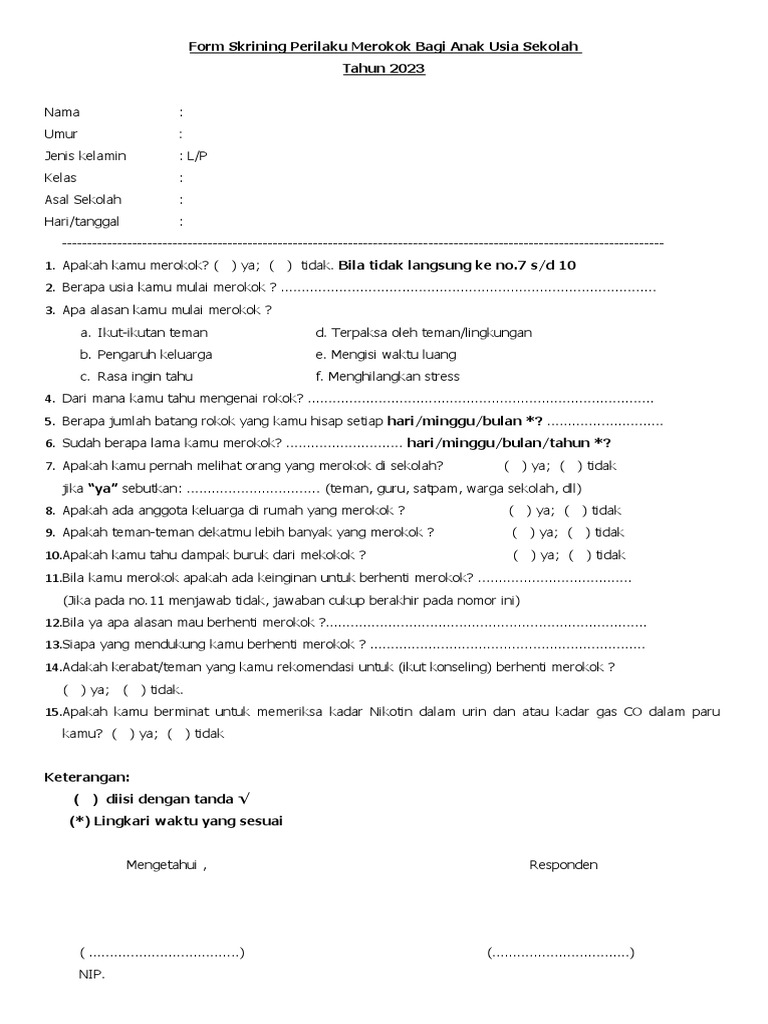 Form Skrining Perilaku Merokok Bagi Anak Usia Sekolah | PDF