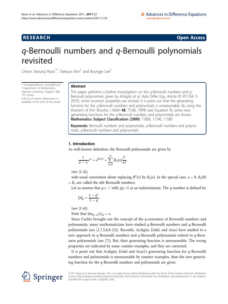 Q Bernoulli Numbers and Q Bernoulli Polynomials Revisited | PDF | Polynomial | Mathematics