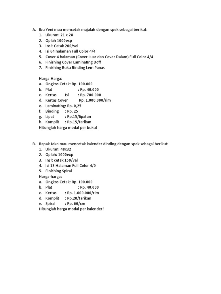 Soal Latihan Harga Cetak | PDF