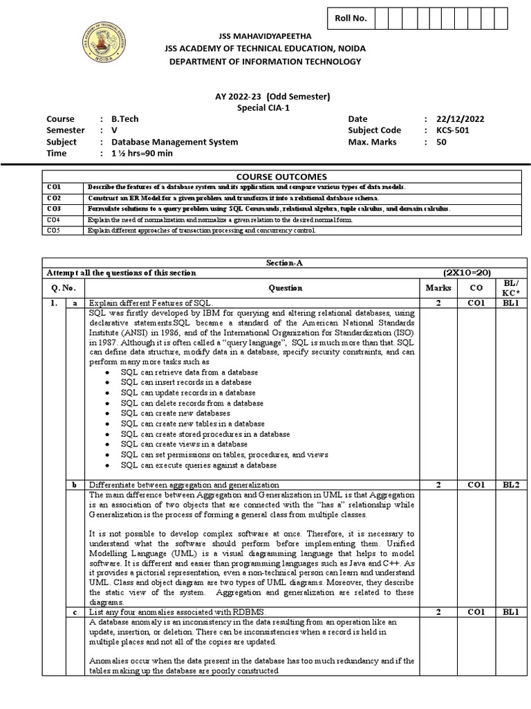 Special DBMS CIA-1 SOLUTION by Prince Verma 209910030073 | PDF ...
