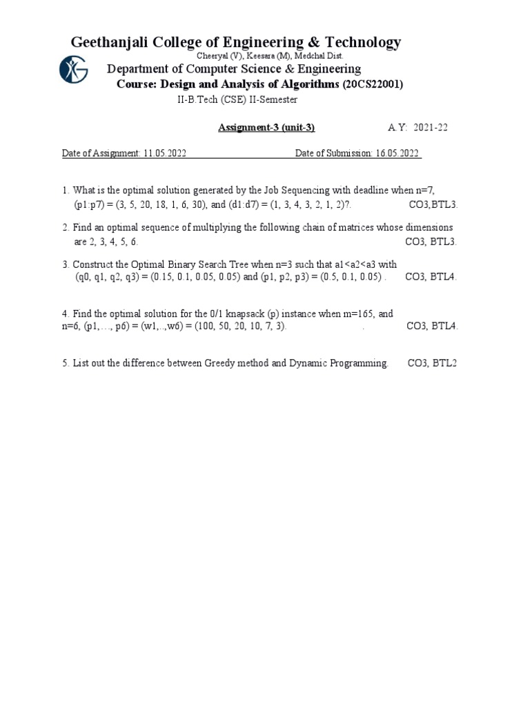 DAA Assignment-3 (11.05.2022) | PDF